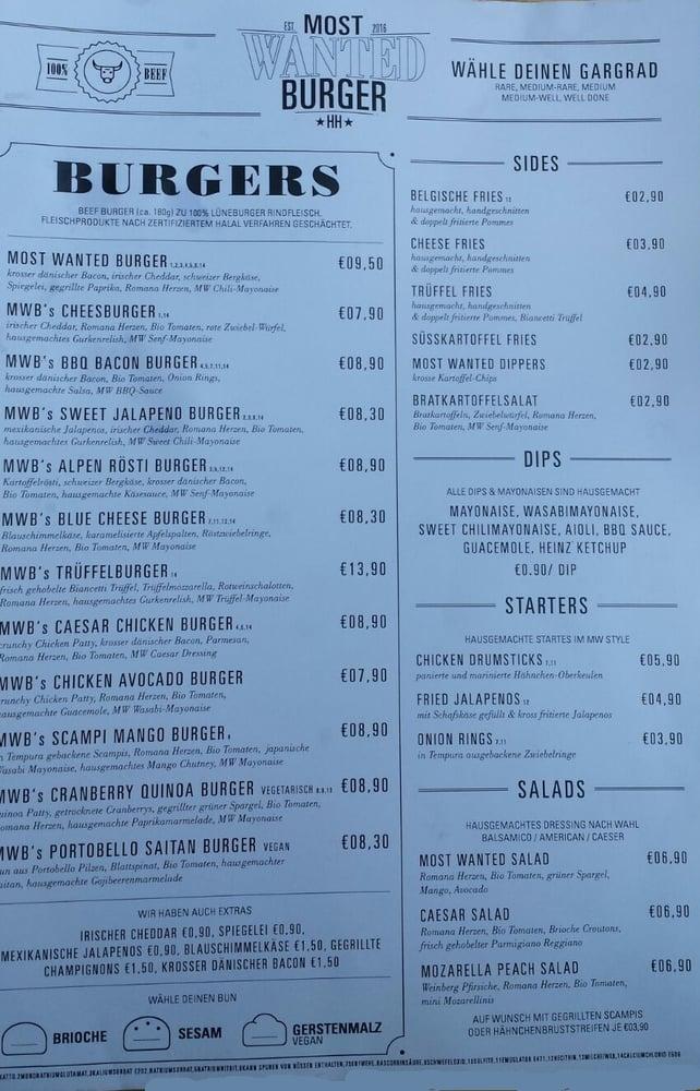 Speisekarte von Most Wanted Burger Eimsbüttel restaurant, Hamburg