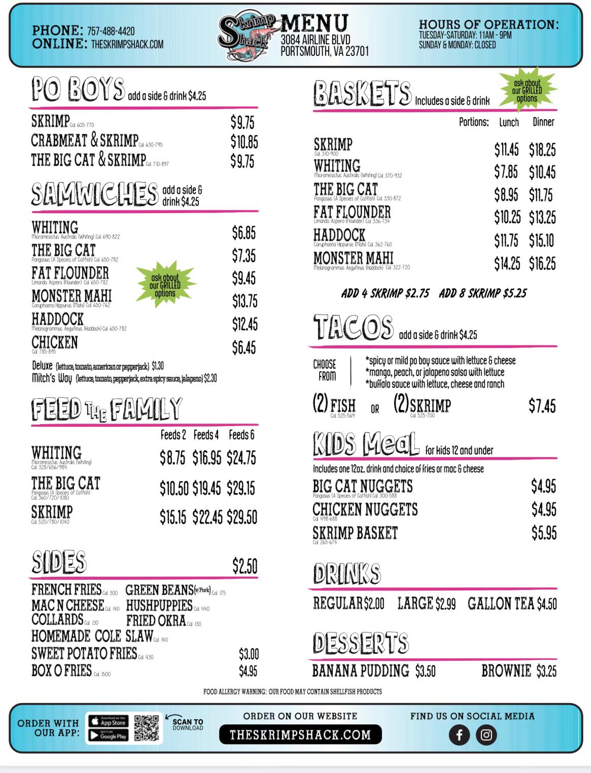 Menu at Skrimp Shack restaurant, Portsmouth