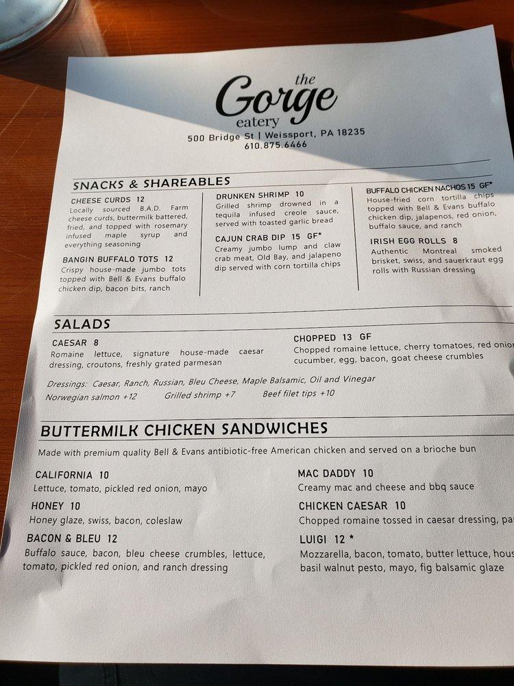 Carta del restaurante The Gorge Eatery, Weissport