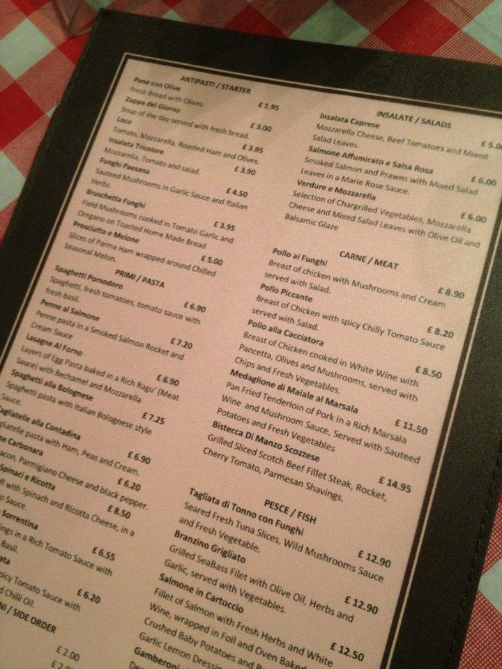 Menu at The Italian Job restaurant, Paignton