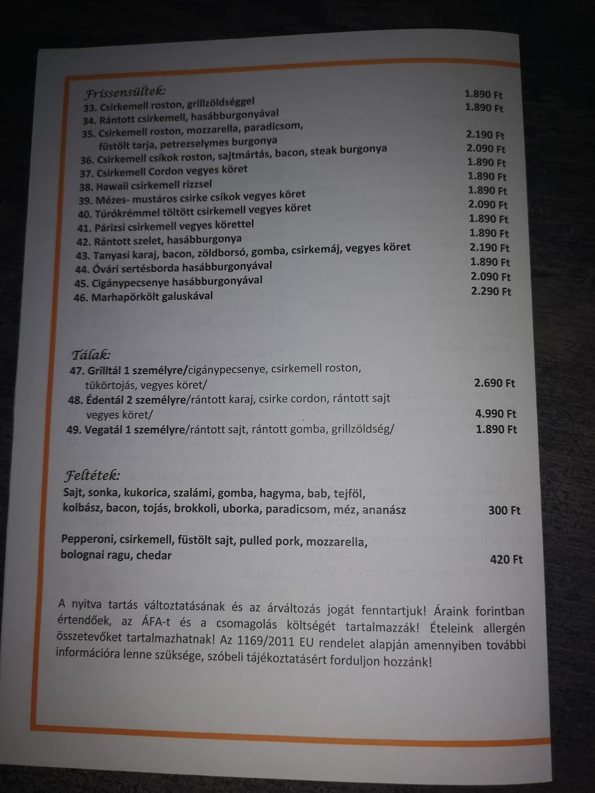 Menu at Eden Snack Bár restaurant, Balatonfüred