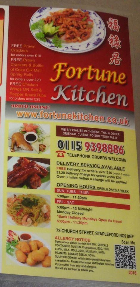Menu at Fortune Kitchen fast food, Nottingham