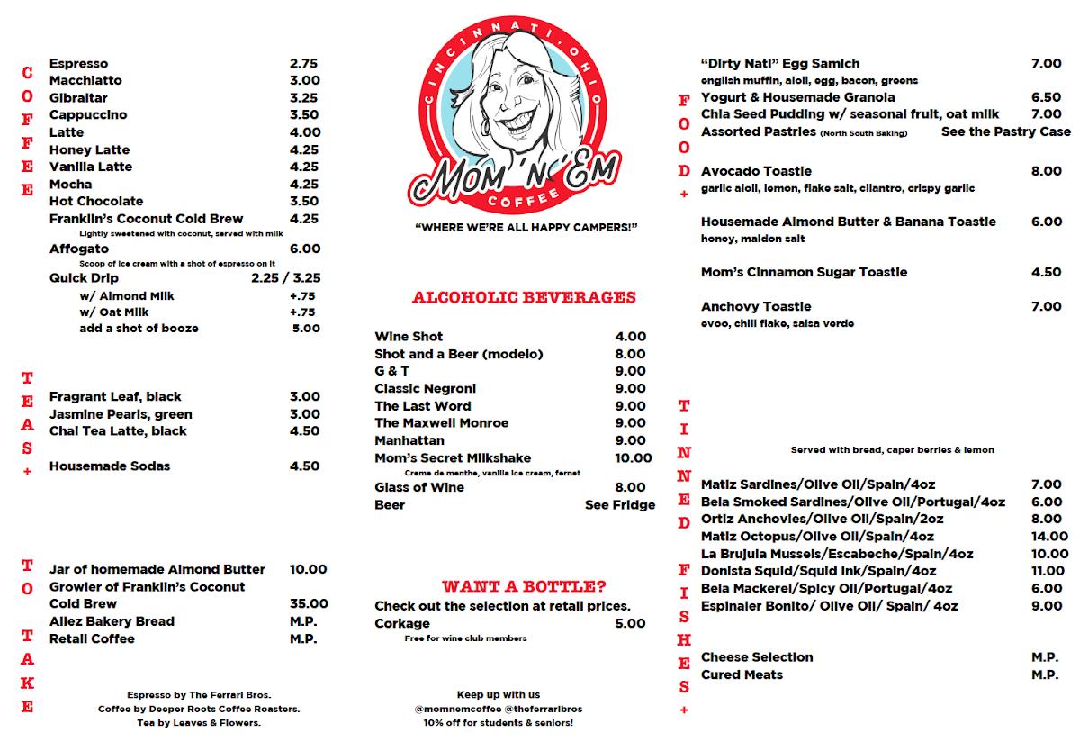 Menu at Mom 'n 'em Coffee & Wine pub & bar, Cincinnati, Colerain Ave