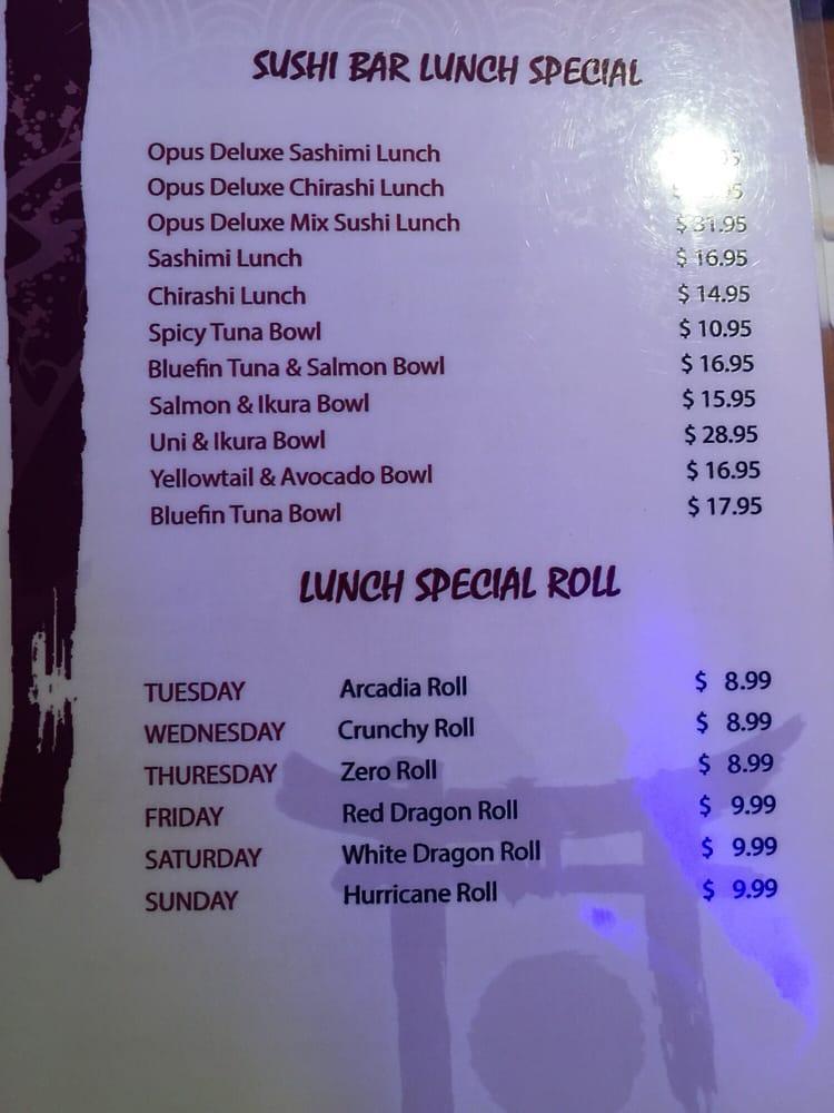 Menu at Opus Sushi restaurant, Arcadia