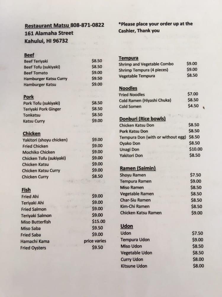 Menu at Restaurant Matsu, Kahului