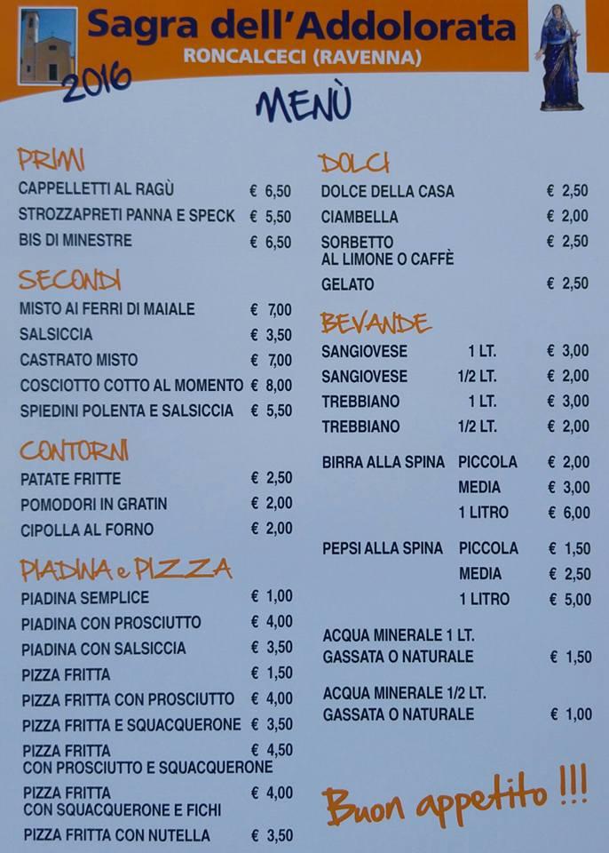Menu da Sagra dell'Addolorata Roncalceci Roncalceci ristorante, Roncalceci