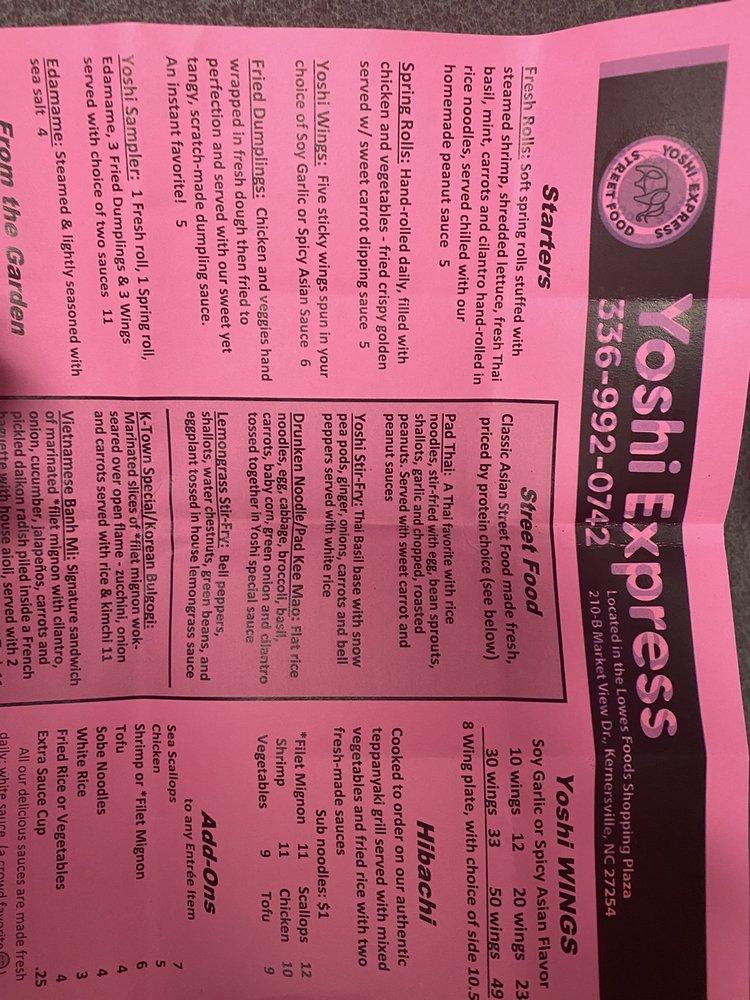 Menu at Yoshi Express restaurant, Kernersville