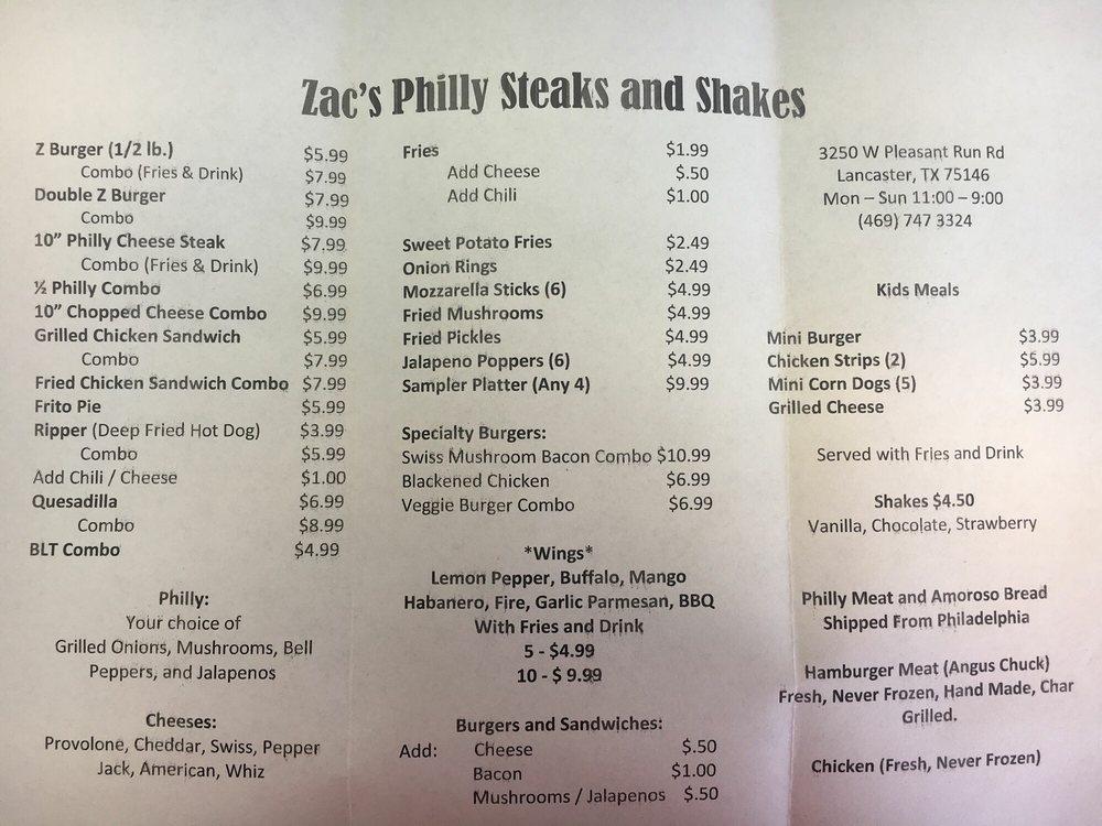 Menu at Zac's Phillysteaks & Shakes restaurant, Lancaster