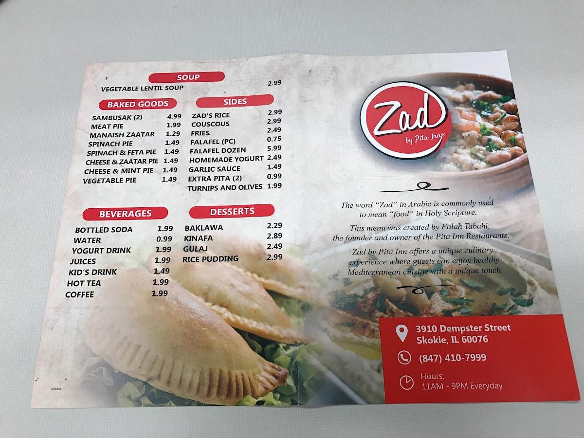 Menu at Zad by Pita Inn restaurant, Skokie, Dempster St