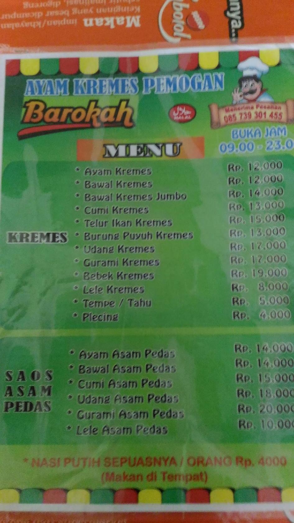Menu at Ayam Kremes Pemogan restaurant, Denpasar