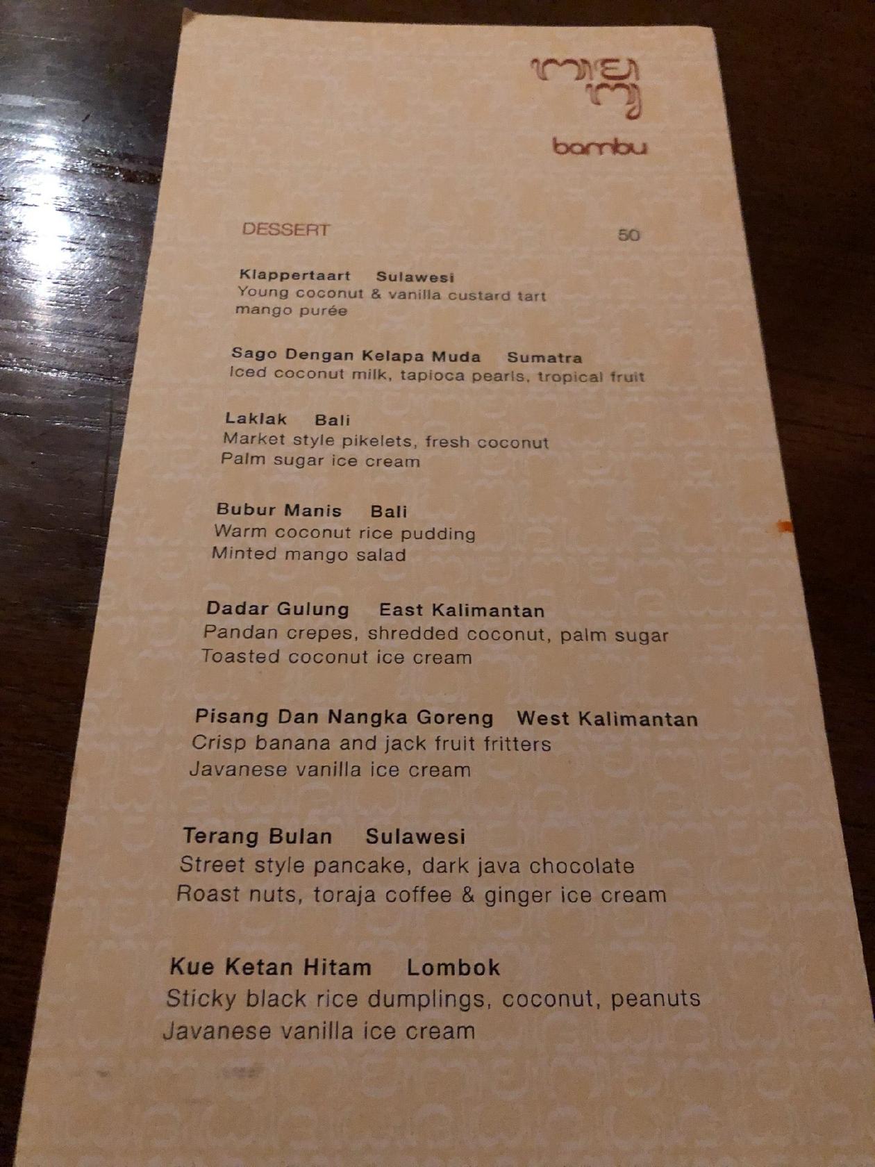 Menu at Bambu restaurant, Denpasar, Jl. Petitenget No.198