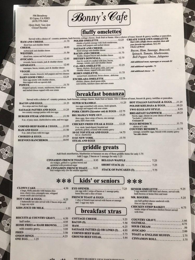 Menu at Bonny's Cafe, El Cajon
