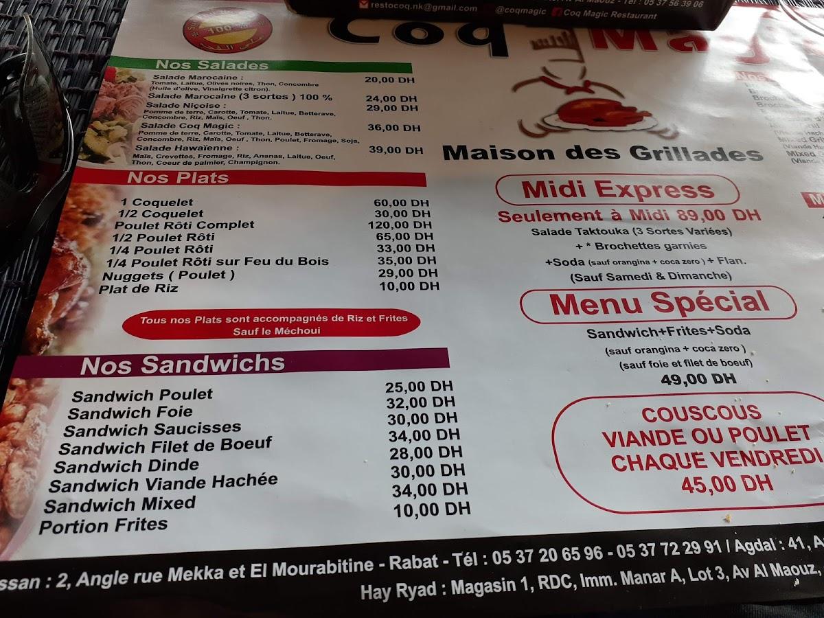 Menu au Coq Magic Hay Riad restaurant, Rabat