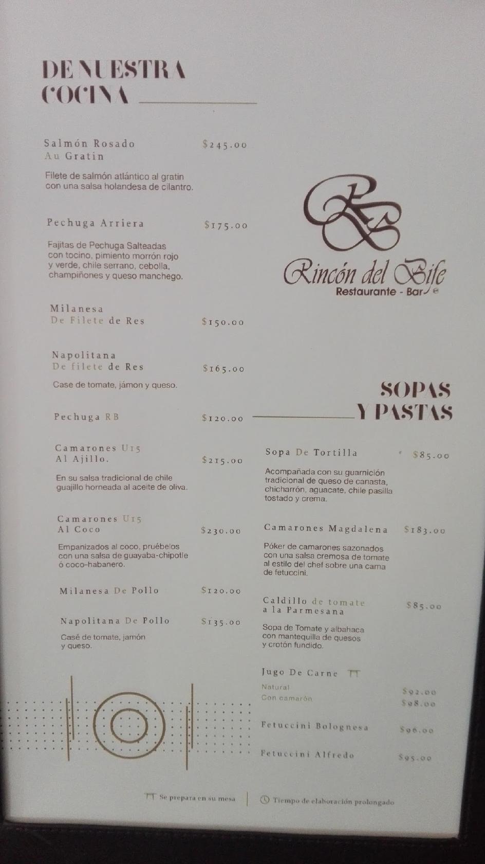 Menu at El Bife RB restaurant, Torreón