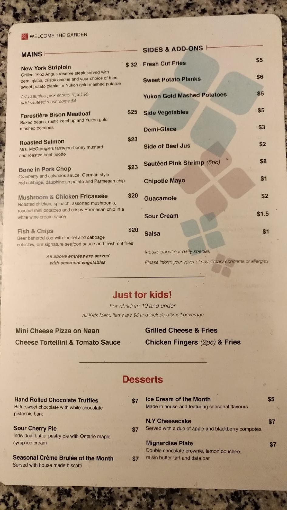 Menu at Garden Grille And Bar, Ottawa