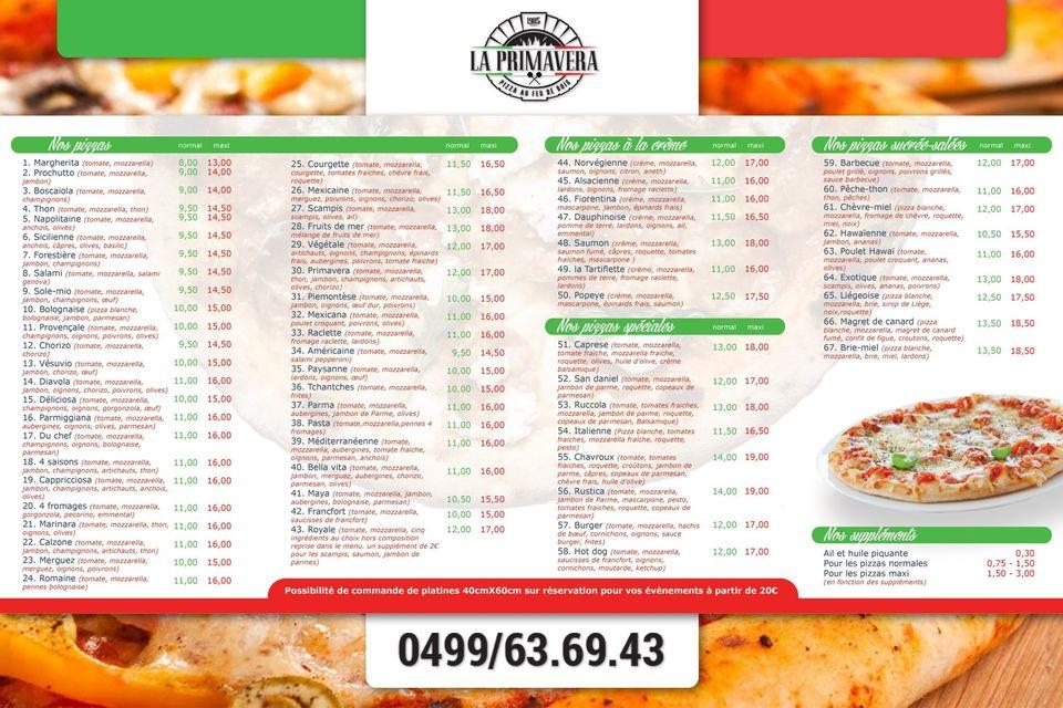 Menu at La Primavera, Saint-Nicolas