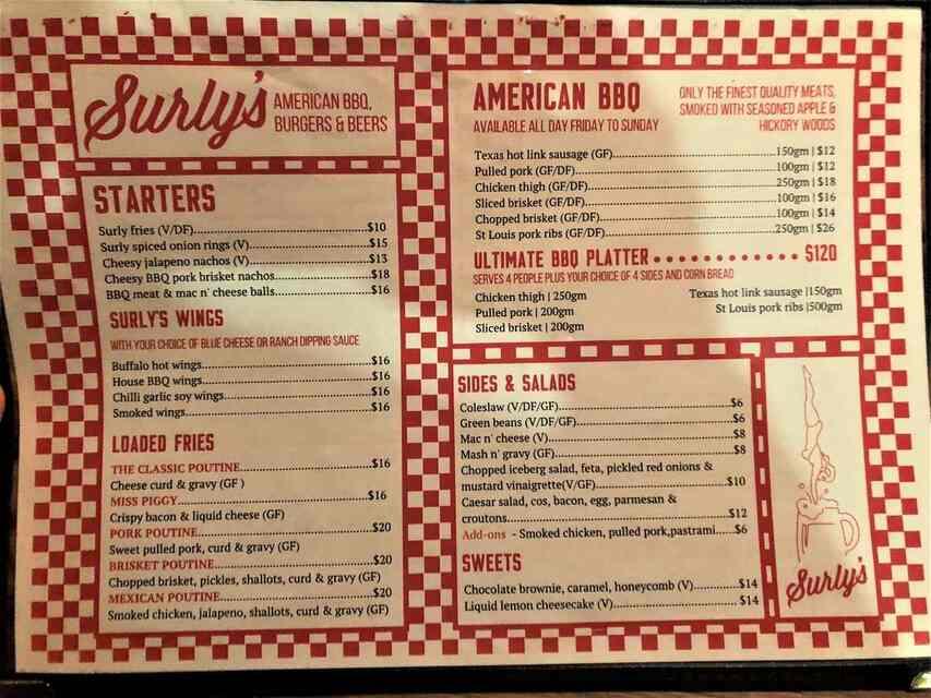 Menu at Surly's American Tavern pub & bar, Surry Hills
