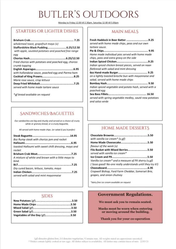Menu at The Butlers Arms pub & bar, Sutton Coldfield