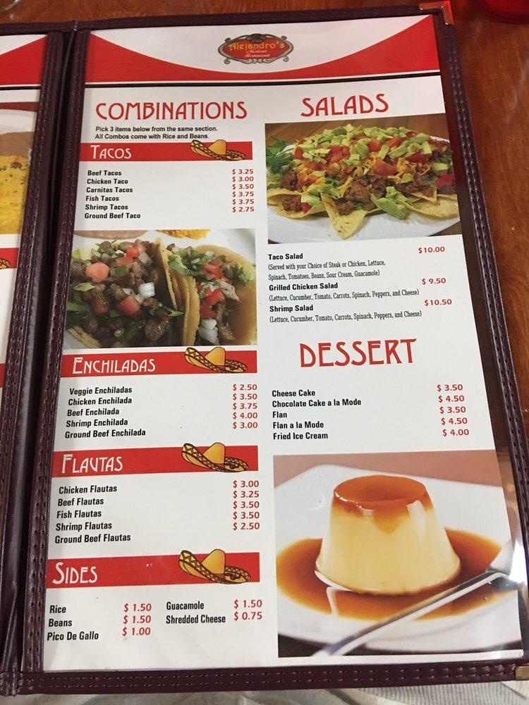 Menu at Alejandro's restaurant, Brooksville