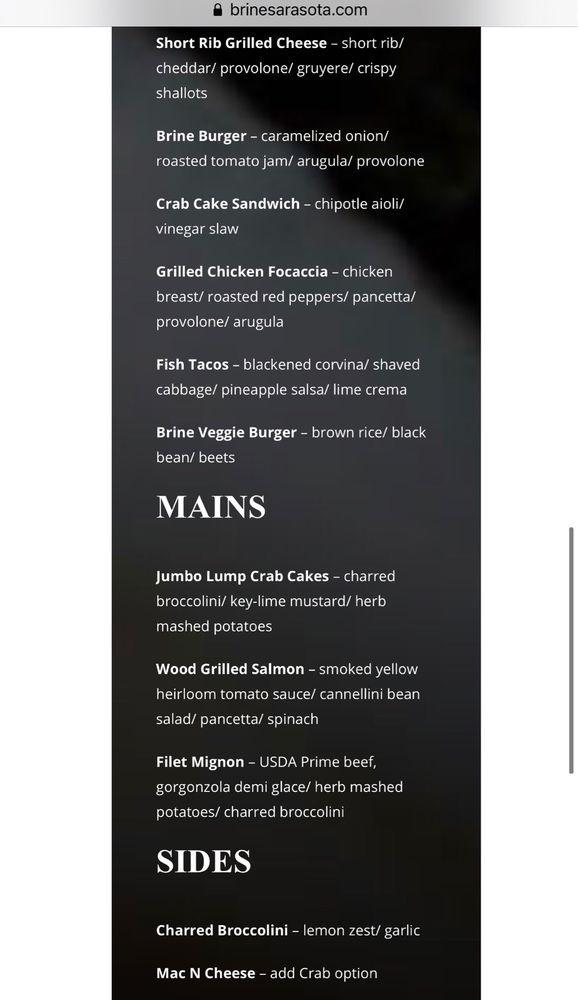Menu at Brine Seafood and Raw Bar, Sarasota
