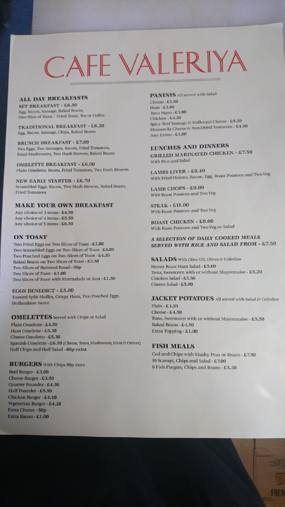 Menu at Cafe Valeriya, Hitchin