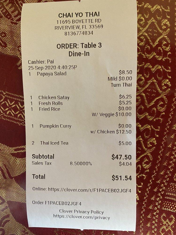 Menu at Chai Yo Thai restaurant, Riverview, Boyette Rd