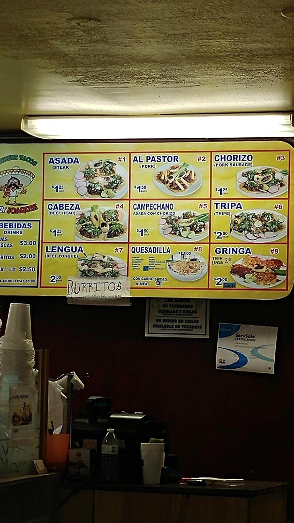 Menu at Don Joaquin Street Tacos Springville restaurant, Springville