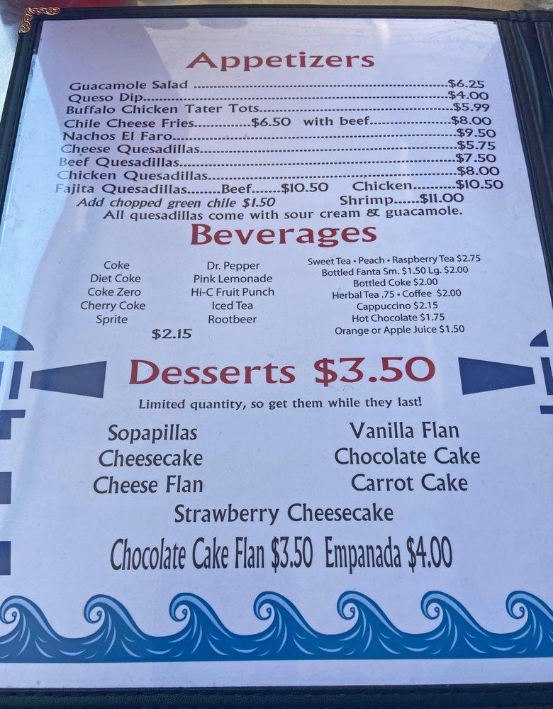 Menu at El Faro restaurant, Truth or Consequences