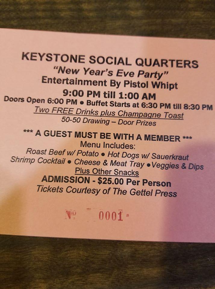 Menu at Keystone Fire Company Social Quarters club, Rehrersburg