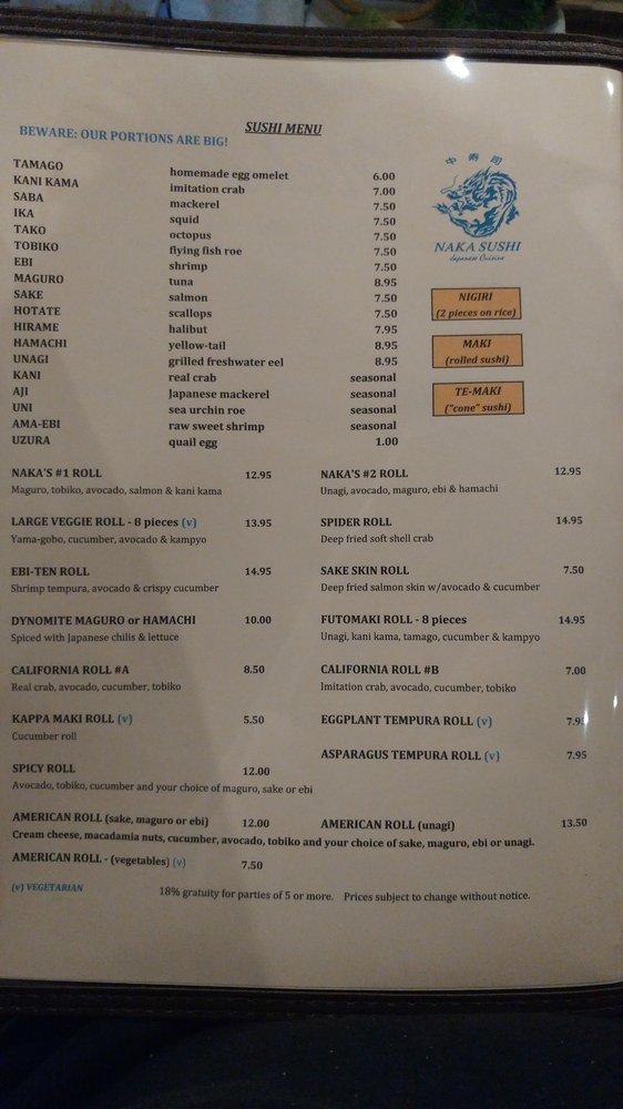 Menu at Naka Sushi restaurant, Capitola