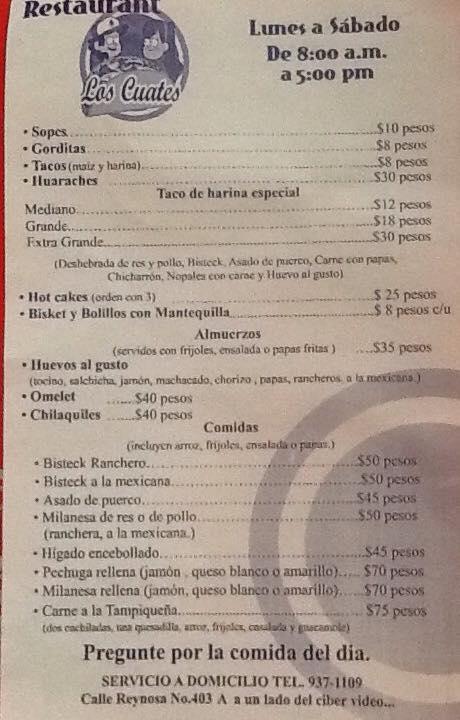 Menu at Restaurant Los Cuates, Nuevo Progreso