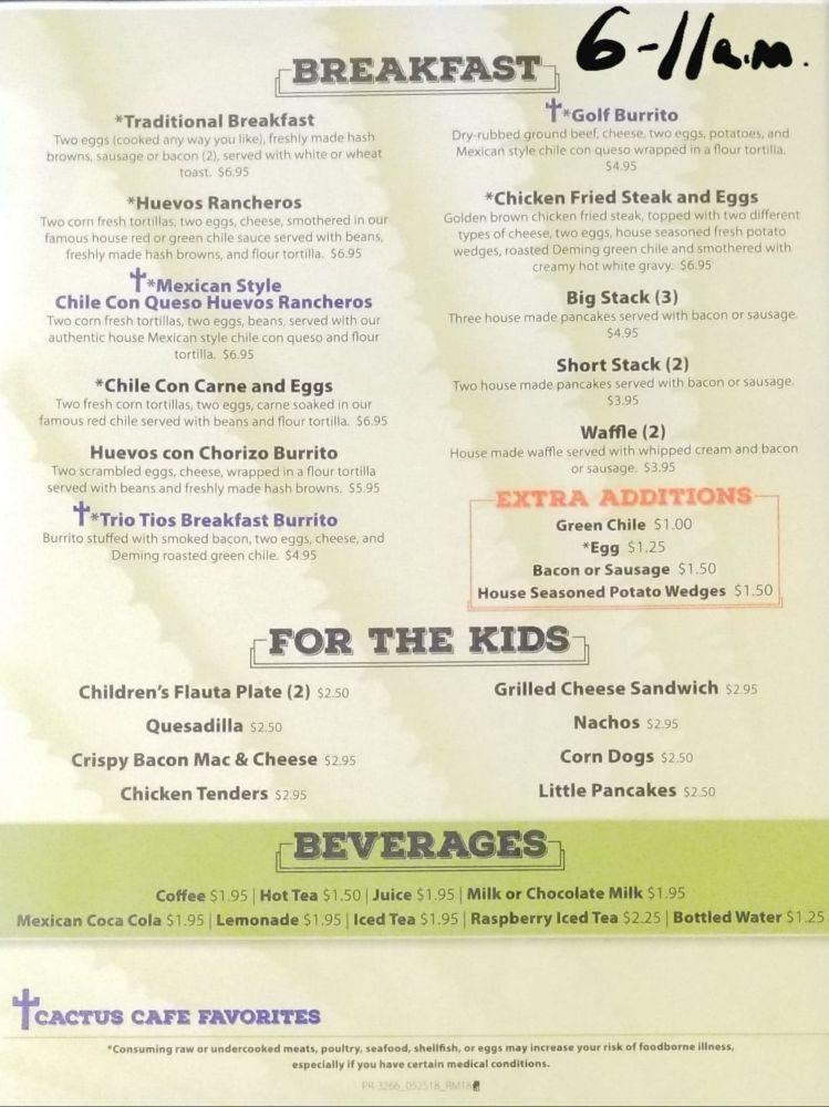 Menu at Cactus Cafe, Deming