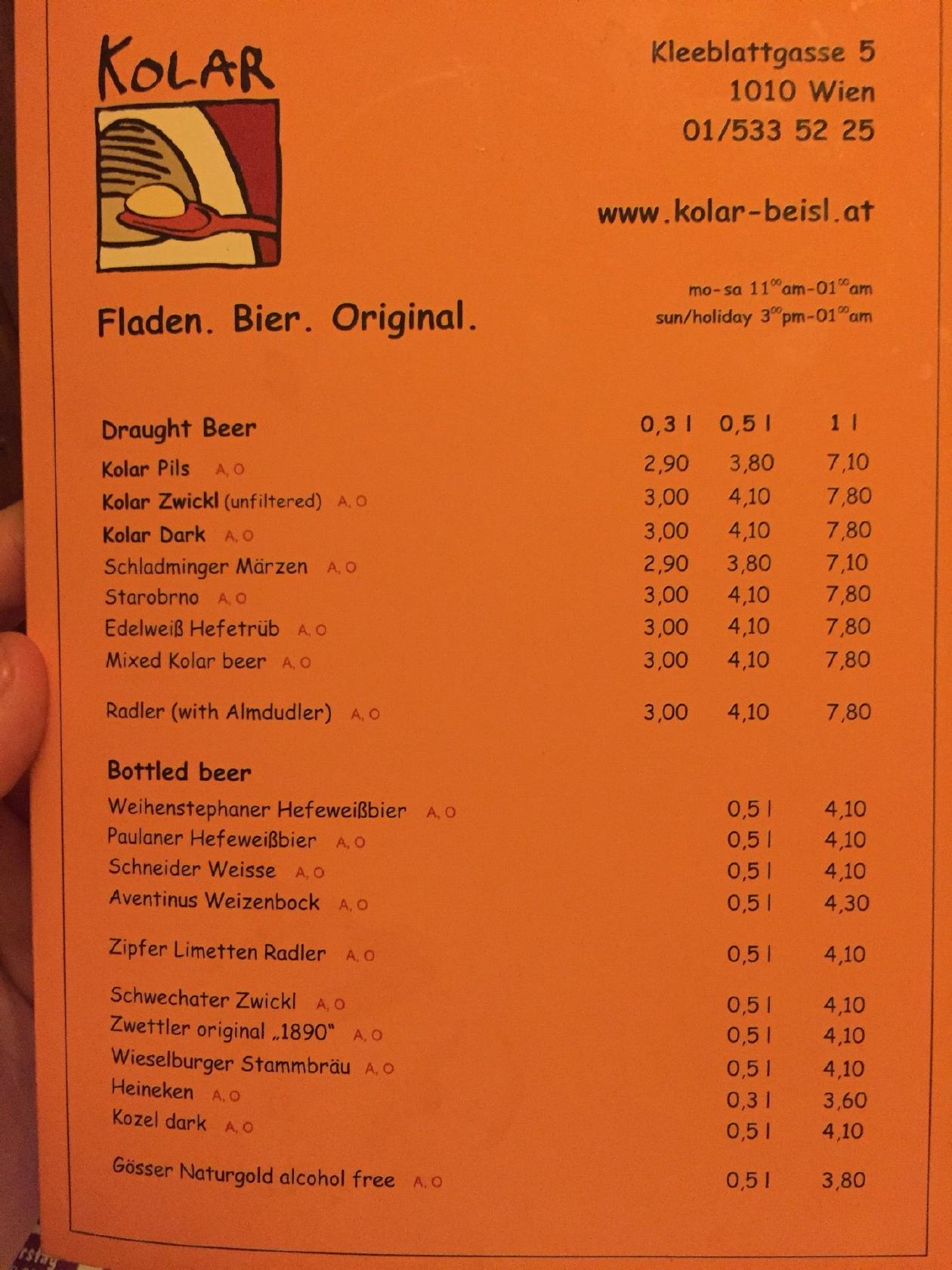 Menu at Kolar Beisl - Kleeblattgasse pub & bar, Vienna, Kleeblattgasse 5