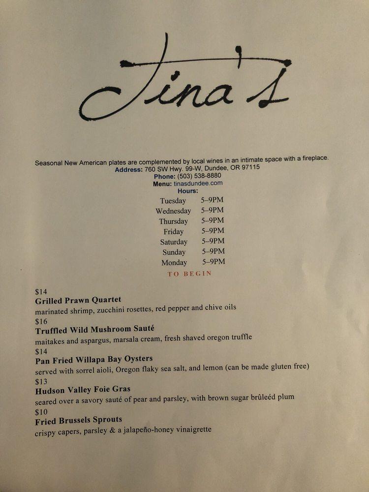 Menu at Tina's restaurant, Dundee