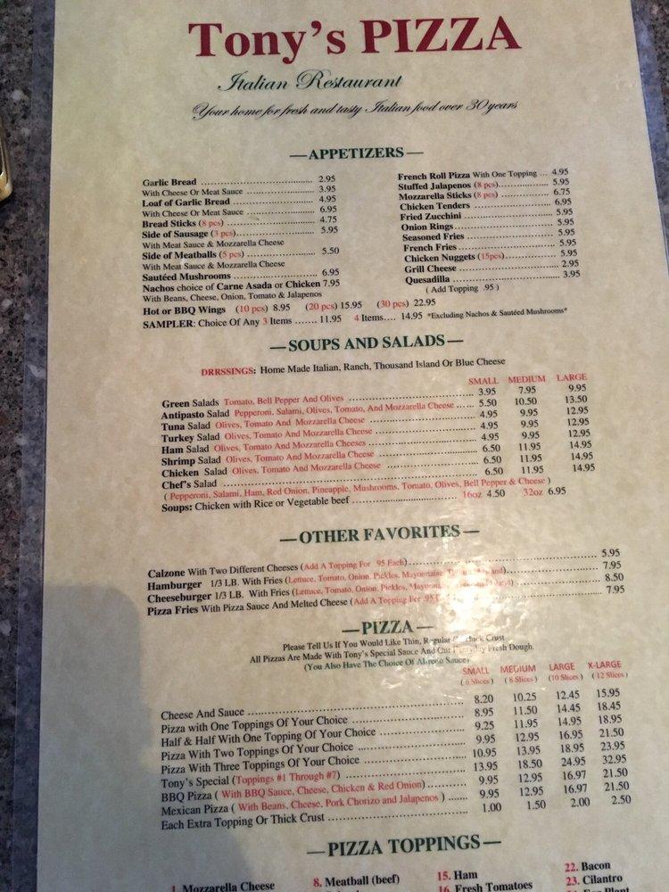 Menu at Tony's Pizza pizzeria, San Fernando