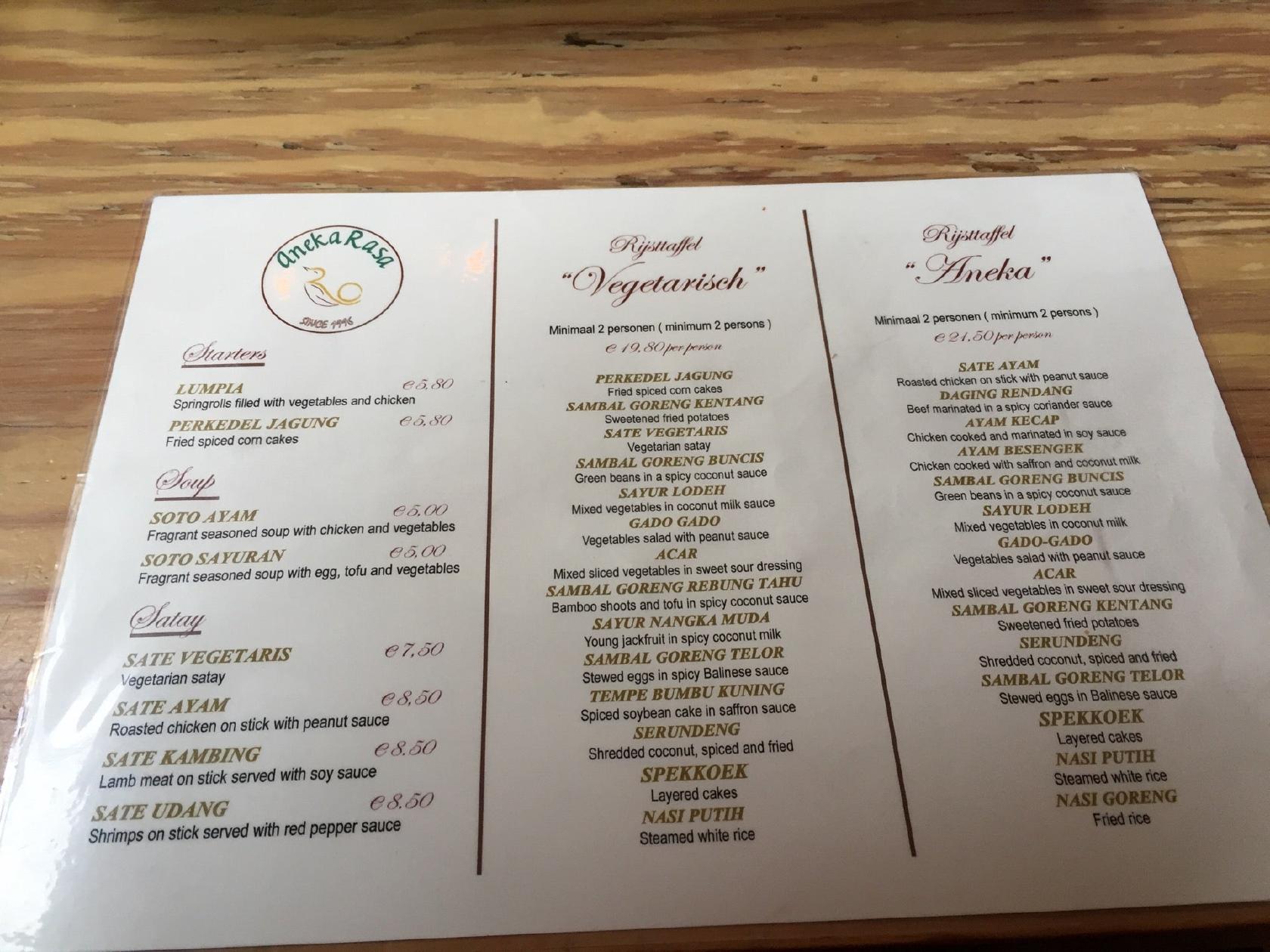 Menu at Aneka Rasa Restaurant, Amsterdam