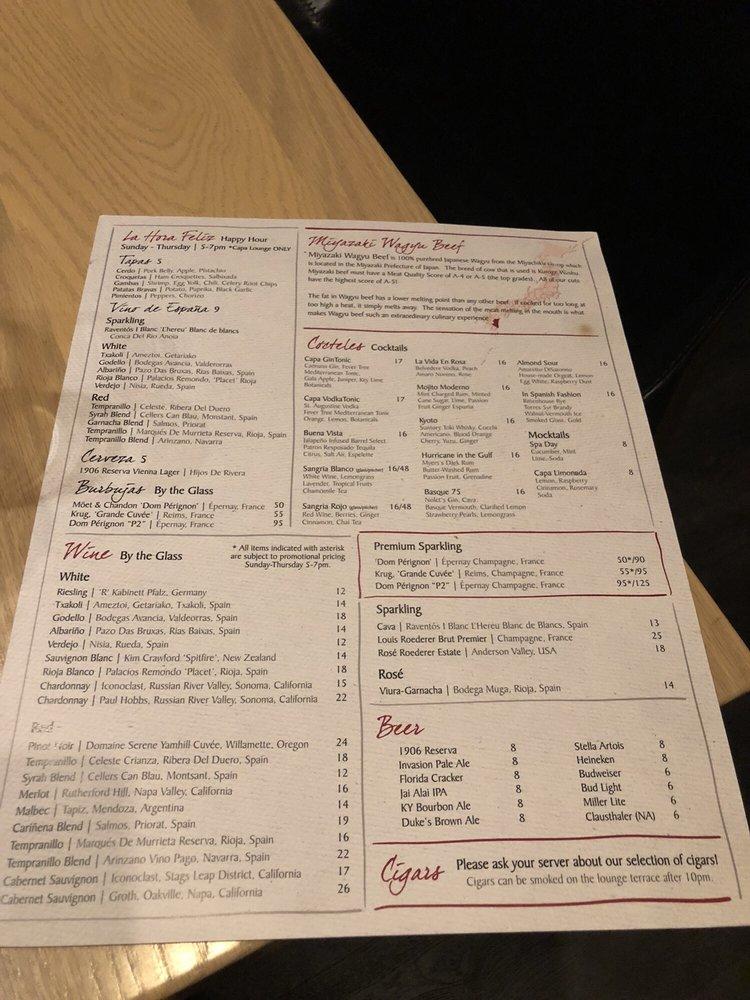 Menu at Capa steakhouse, Orlando, Dream Tree Blvd