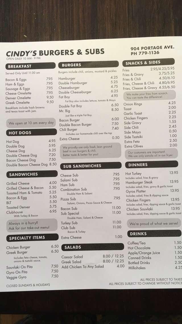 Menu at Cindy's Burgers & Subs restaurant, Winnipeg, 904 Portage Ave