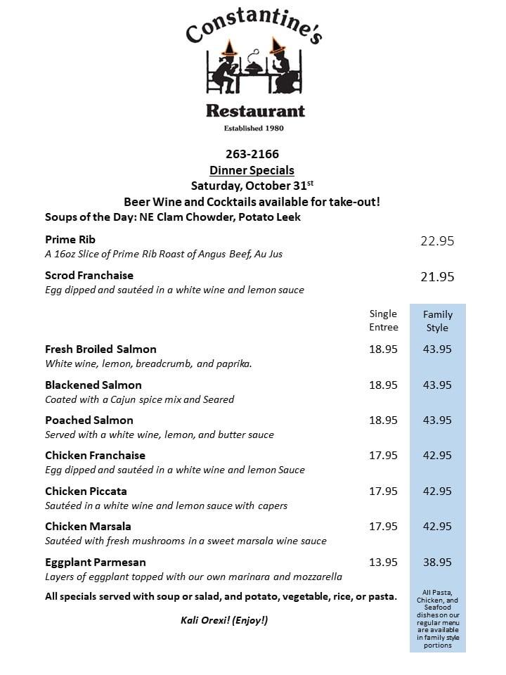 Menu at Constantine's Restaurant, Woodbury