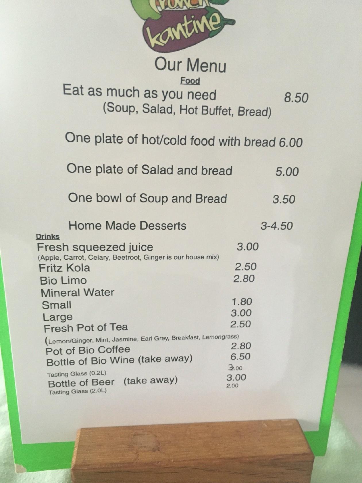 Menu at Crunch Kantine restaurant, Berlin