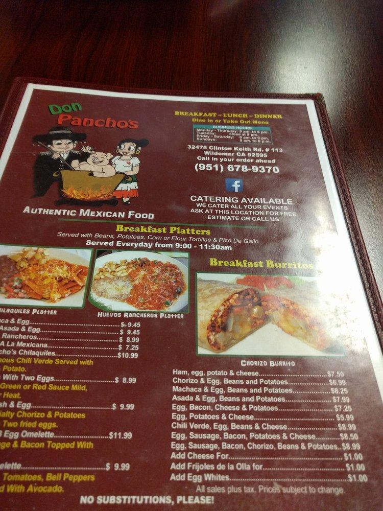 Menu at Don Pancho's Mexican Food restaurant, Wildomar