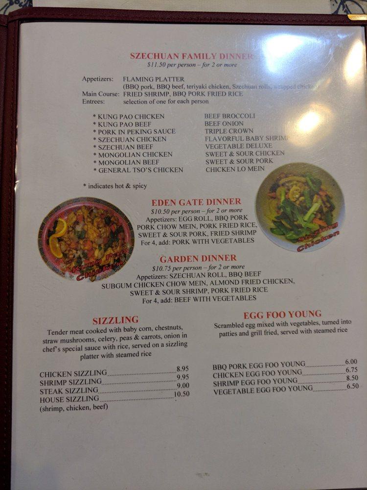 Menu at Eden Gate Chinese Restaurant open 11am-9pm daily lounge open ...
