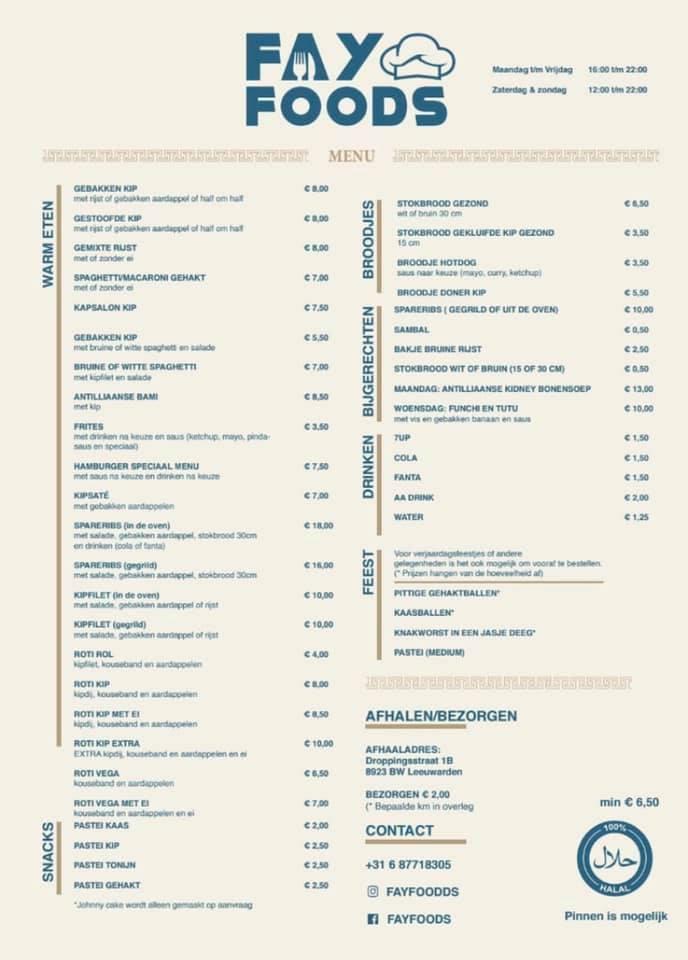 Menu at Fayfoods, Leeuwarden