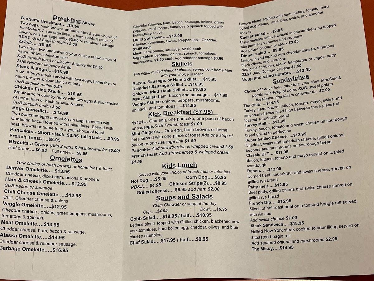 Menu at Ginger's Restaurant, Soldotna