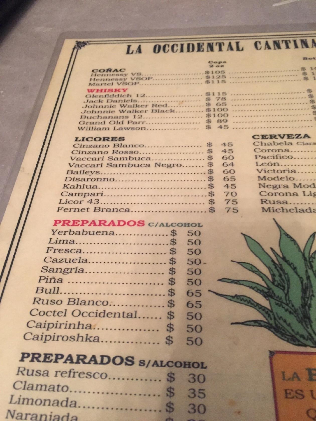 Carta del pub y bar Cantina La Occidental, Guadalajara
