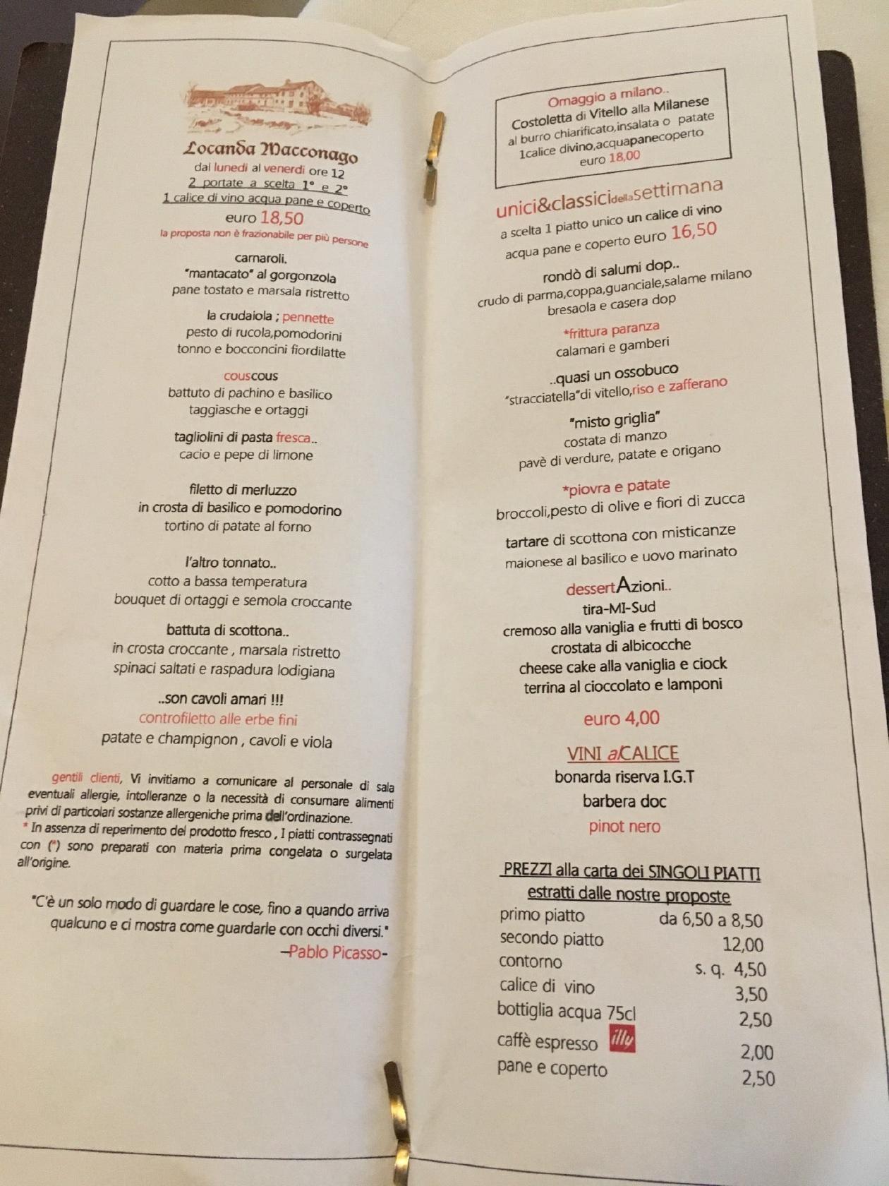 Menu at Locanda Macconago Ristorante, Milan