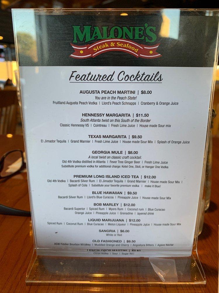 Menu at Malone's pub & bar, Atlanta, Virginia Ave