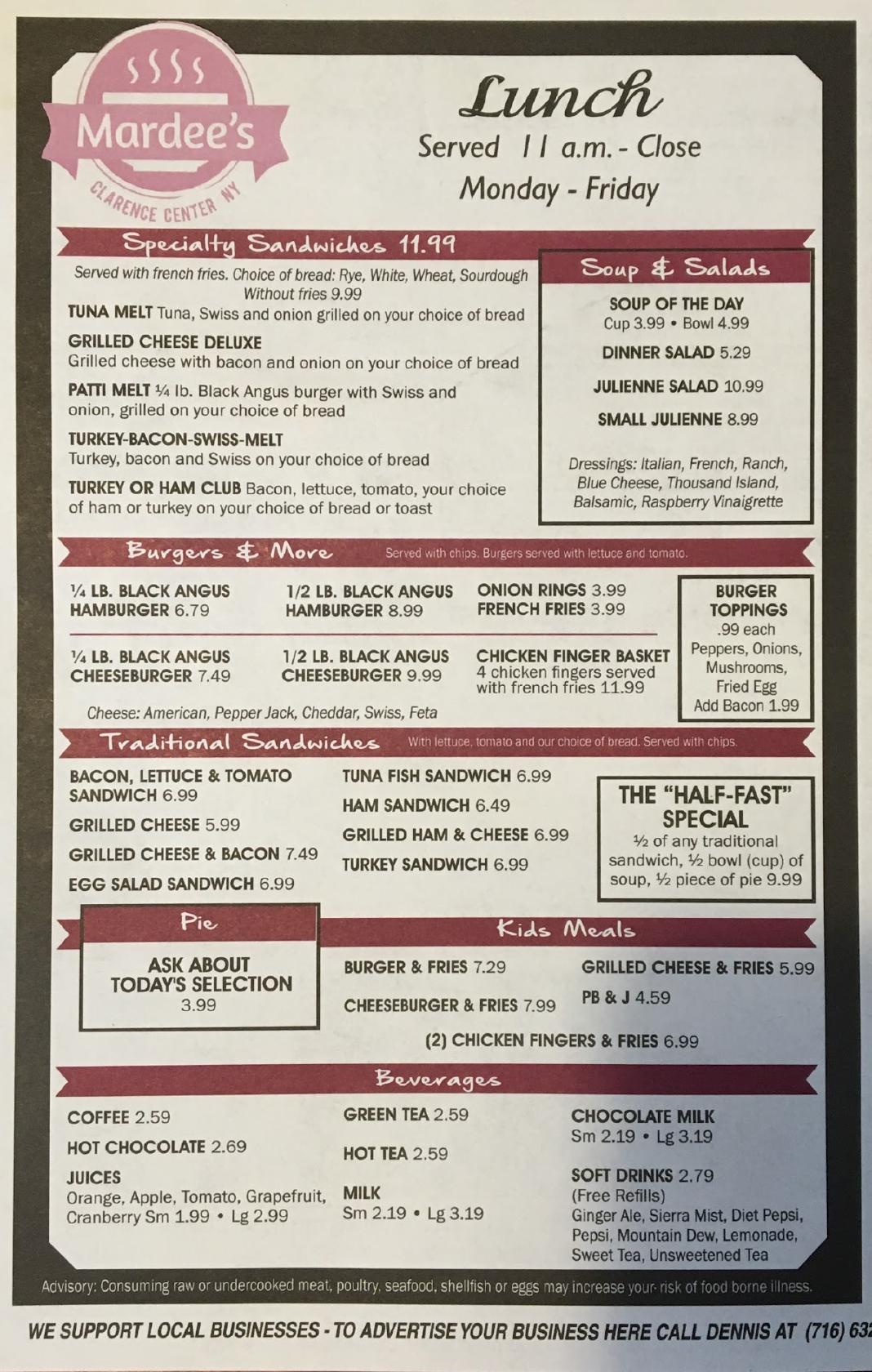 Menu at Mardee's restaurant, Clarence Center