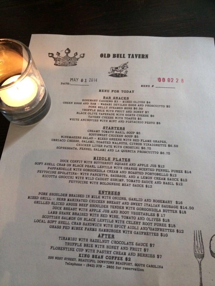 Carta del pub y bar Old Bull Tavern, Beaufort