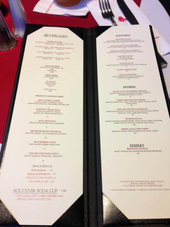 Menu at Royal Rooters Club, Boston, Fenway Park